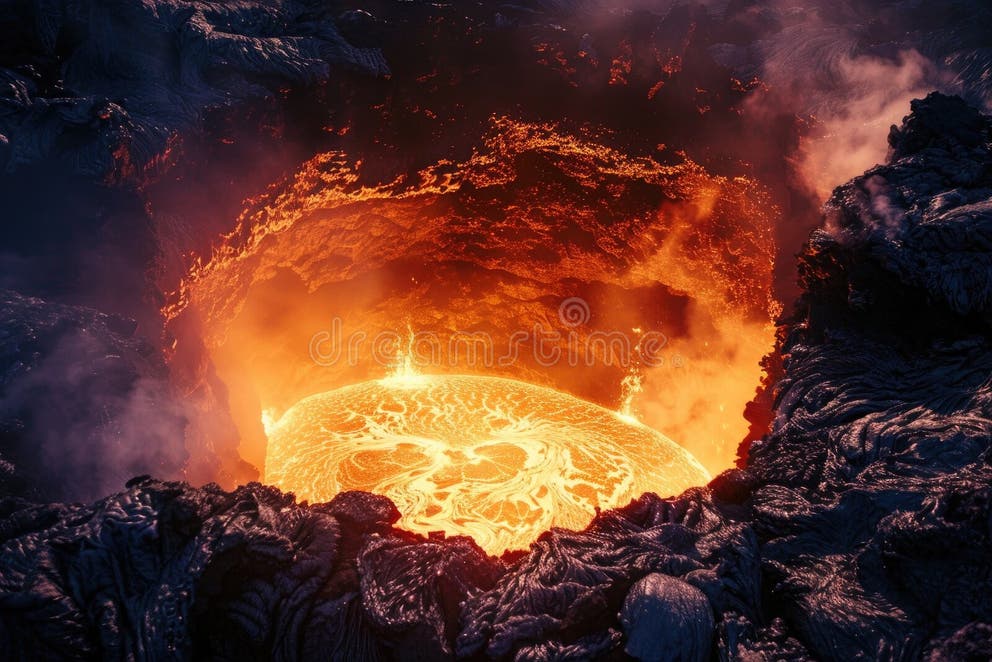 Molten Lava Glowing Intensely Inside the Crater of a Volcano Stock ...