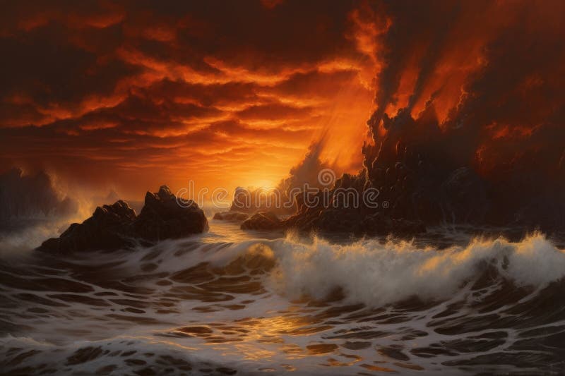 Molten Lava Meeting the Ocean, Creating Steam Stock Illustration ...