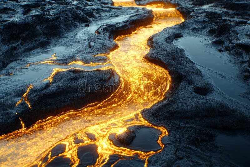 Molten Lava River Flowing through Volcanic Rock Formations Stock Image ...