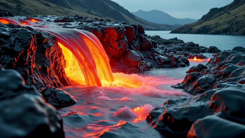 Molten Lava Waterfall Cascades into a Tranquil Lake at Dusk. Generative ...
