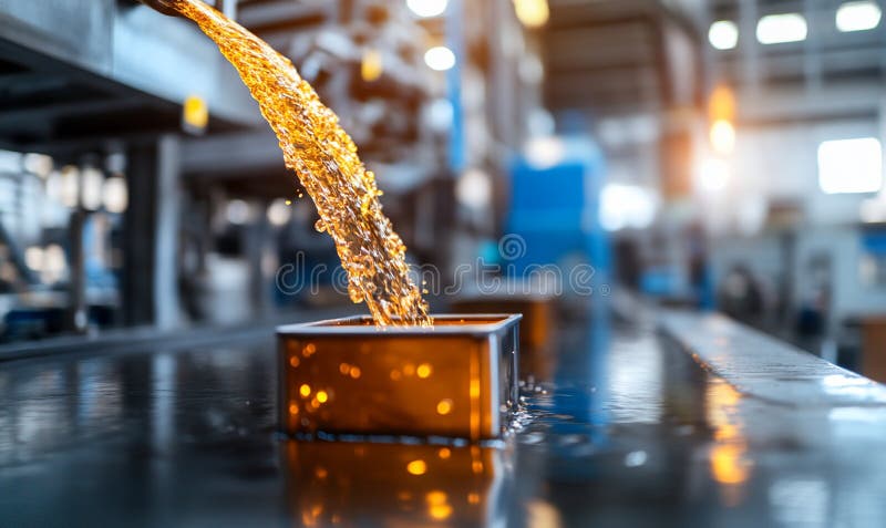 Molten Liquid Pouring into Metal Containers in a Factory Stock ...