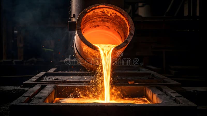 Molten Metal Being Poured into a Casting Mold in Industrial Setting at ...