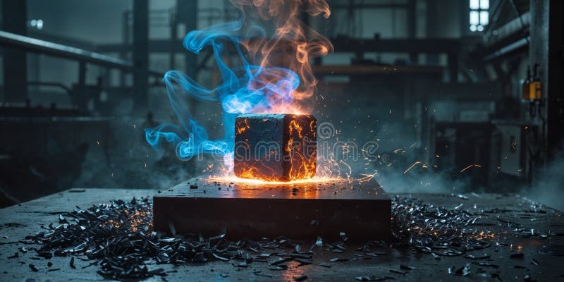 Molten Metal Casting with Glowing Cube on Industrial Table. Stock Photo ...