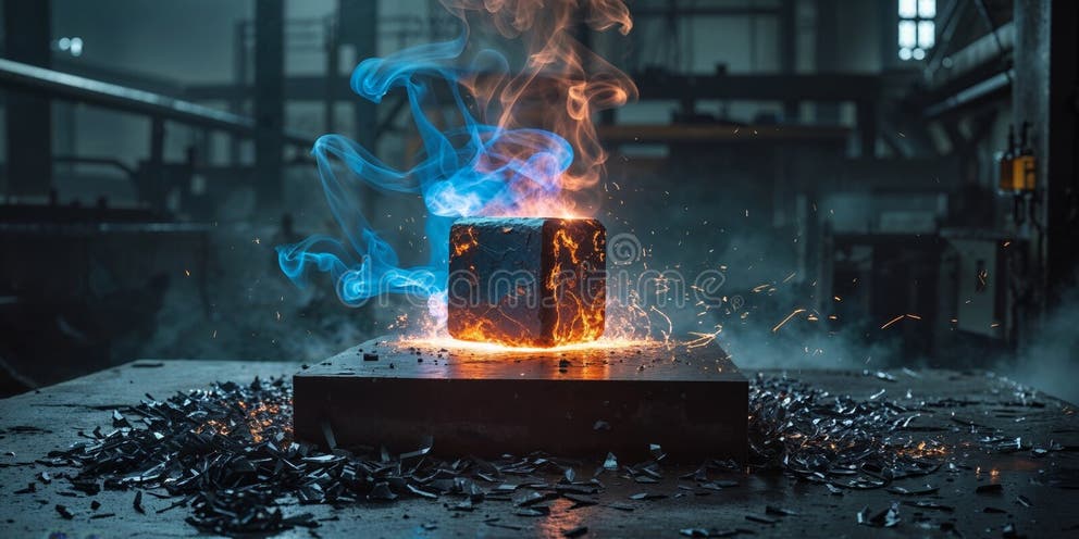 Molten Metal Casting with Glowing Cube on Industrial Table. Stock Photo ...