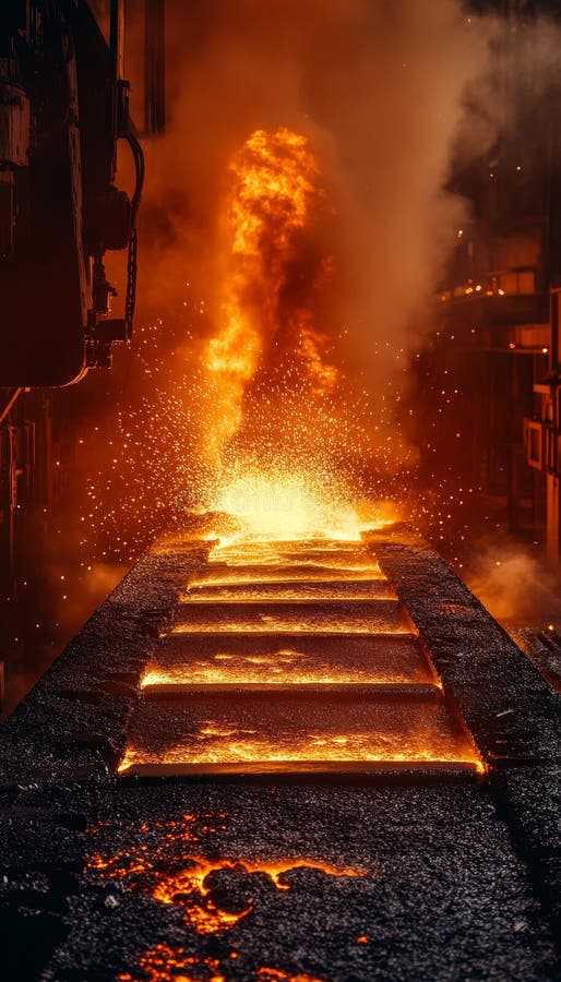 Molten Metal Flows through Steel Mill, Creating Fiery Spectacle Stock ...