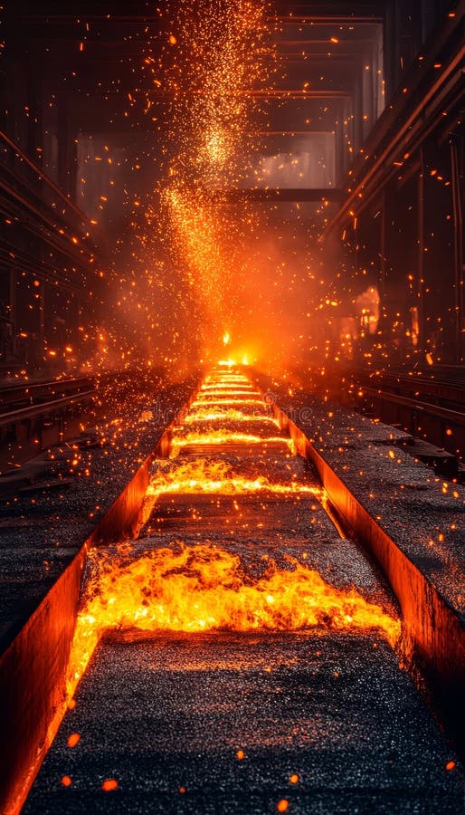 Molten Metal Flows through Steel Mill, Creating Fiery Spectacle Stock ...