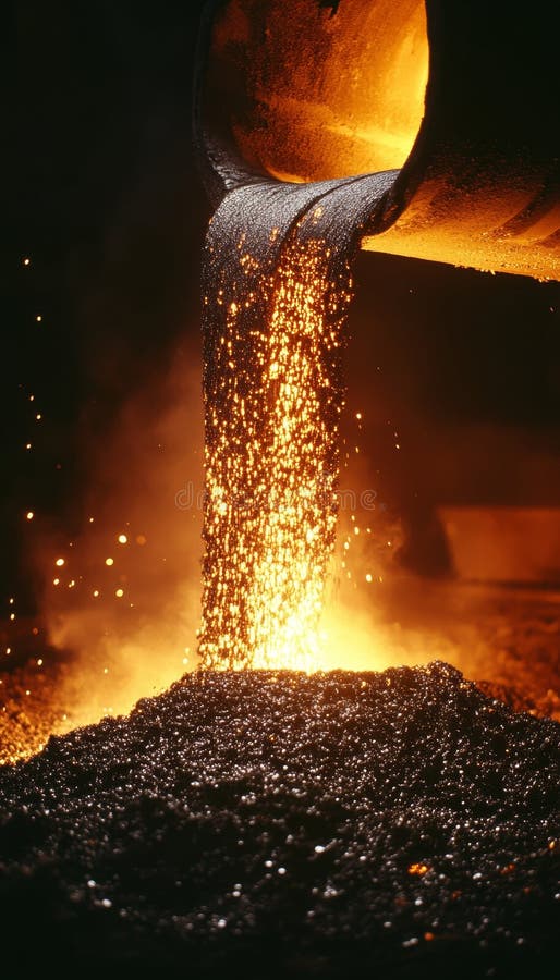 Molten Metal Pour Fiery Cascade Flows into Foundry Mold during ...