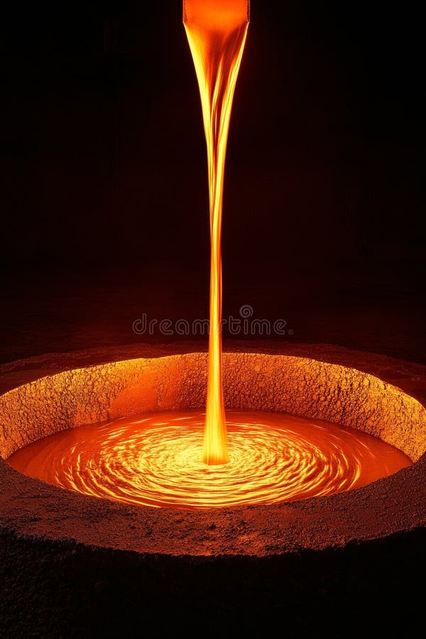 Molten Metal Pour Liquid Fire Flows into Foundry Mold, Igniting ...
