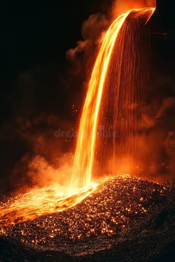 Molten Metal Pour Liquid Fire Flows into Foundry Mold, Illuminating ...