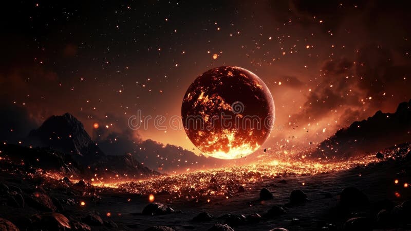 Molten Planet Surface with Fiery Glow Under Starry Sky Stock Photo ...