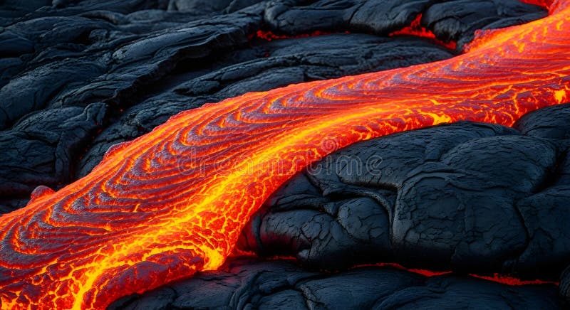 Molten River of Glowing Lava Flowing Over Black Volcanic Rock Stock ...