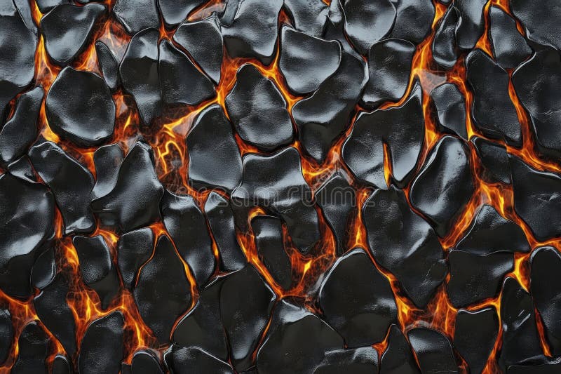 Molten Rock Flows between Black Stones with Fiery Cracks and Glowing ...