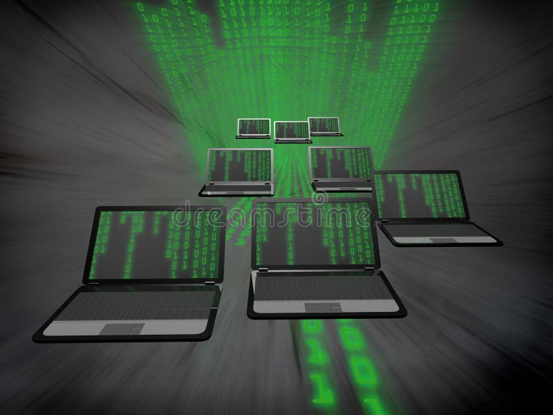 Molti Computer Portatili Con Un Codice Binario Illustrazione di Stock ...