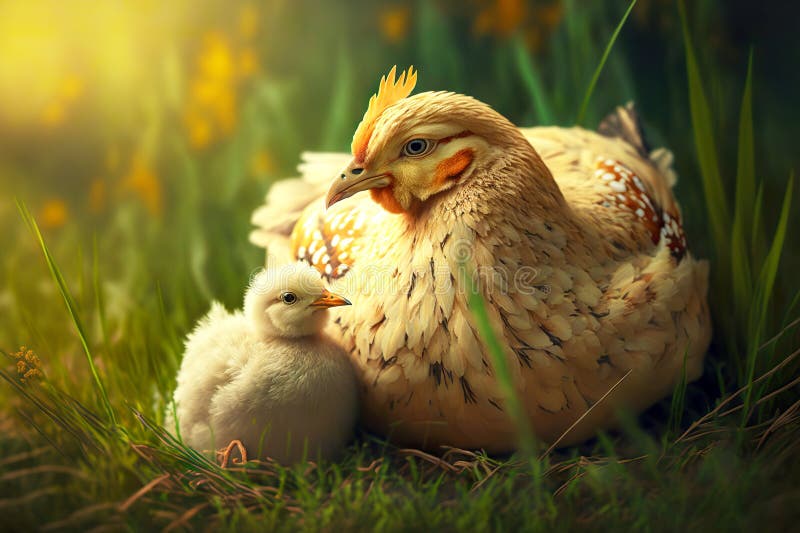 Mom Chicken with Chicks Sits and Basks in Sun on Grass Stock ...