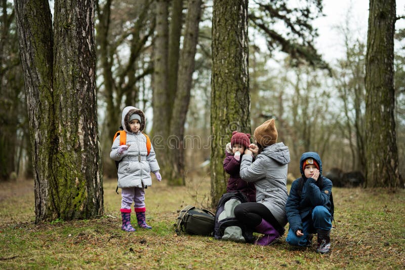 Mom and Children in the Forest after Rain Together Stock Photo - Image ...