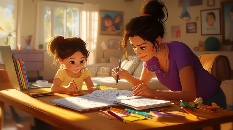 Mom and Daughter Drawing Illustration Stock Photo - Image of care ...