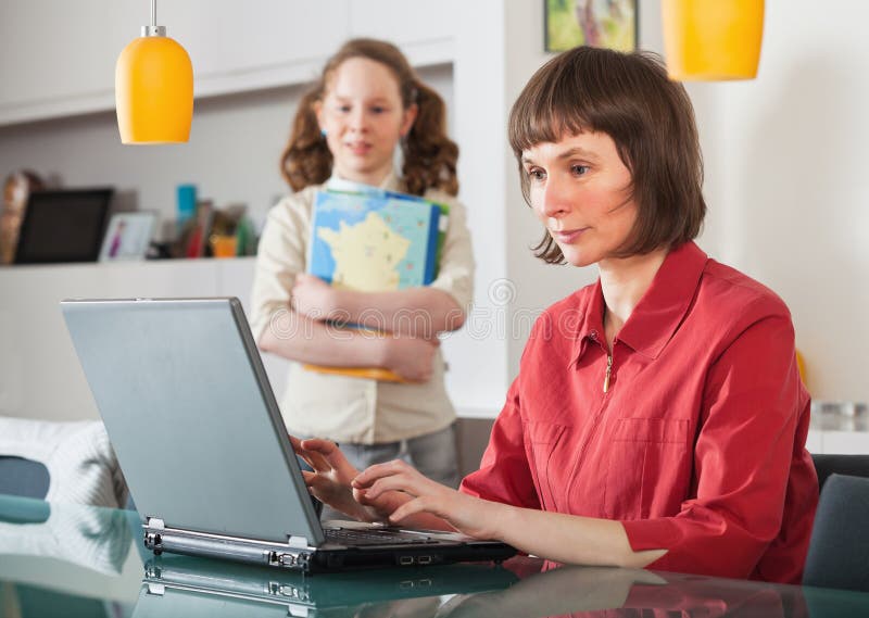 Mom and Daughter at Home with Laptop Stock Image - Image of people ...