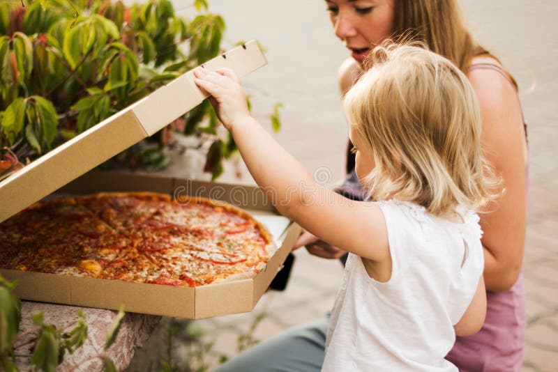 Mom and Daughter Open a Box of Pizza Stock Photo - Image of adult, fast ...