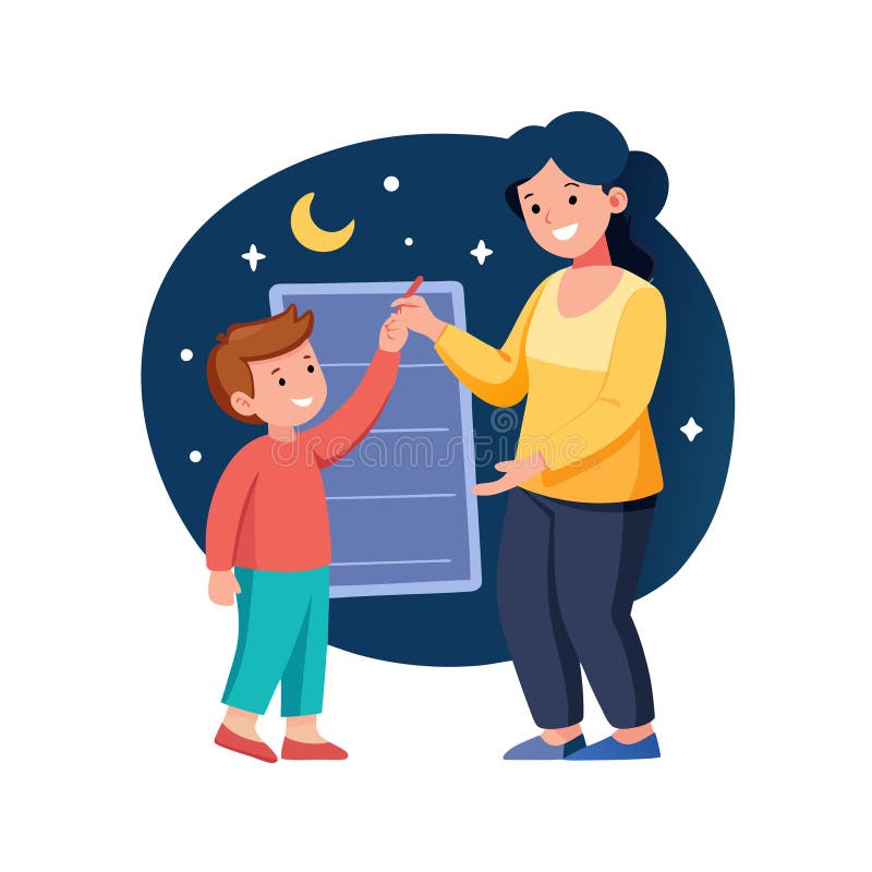 Mom Helping Son Write on Chore Chart Under the Moonlit Night Stock ...