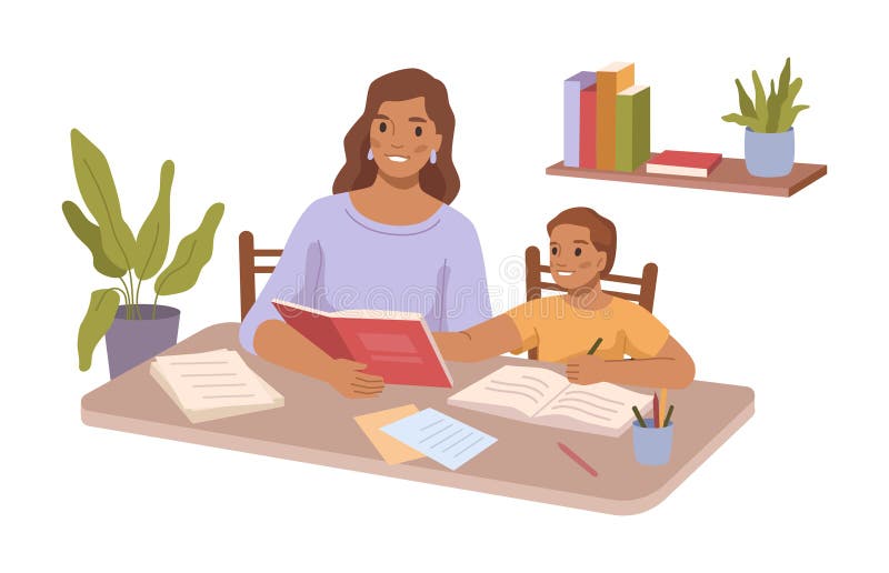 Mom Helps Kid with Homework Tasks Stock Vector - Illustration of home ...