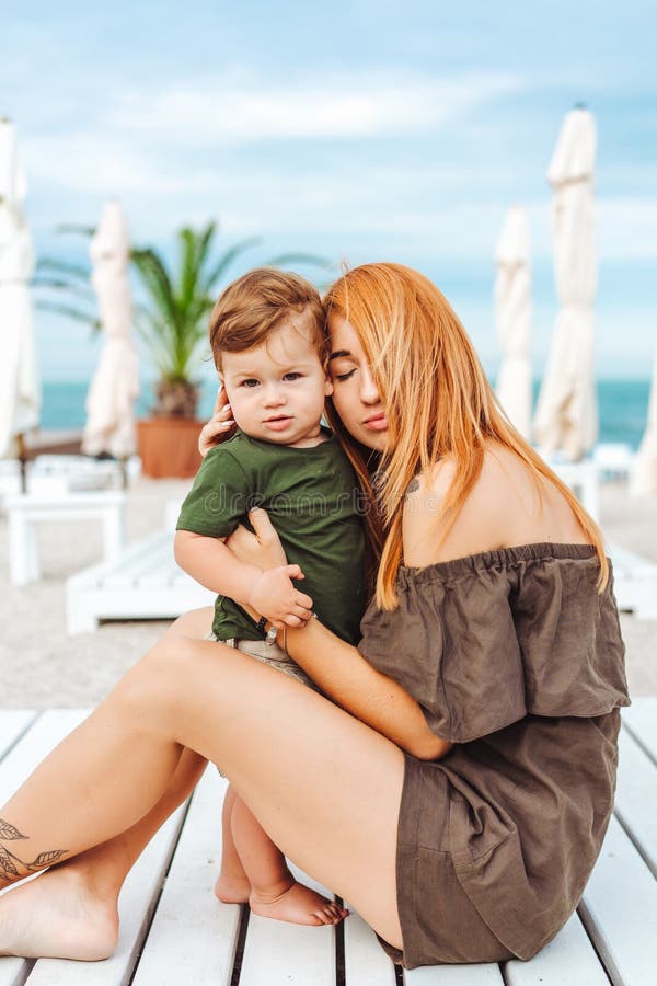 Mom and Her Little Son on the Beach, on Vacation Stock Image - Image of ...