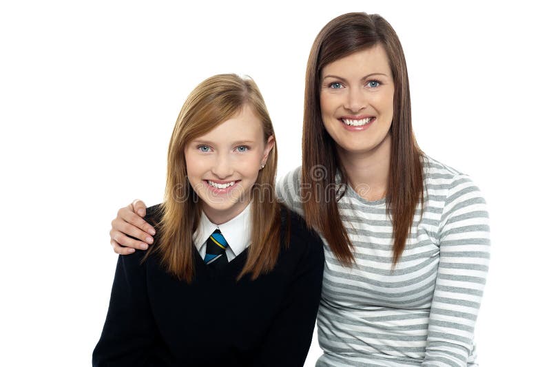 Mom Posing with Arms Around Her Cute Daughter Stock Photo - Image of ...