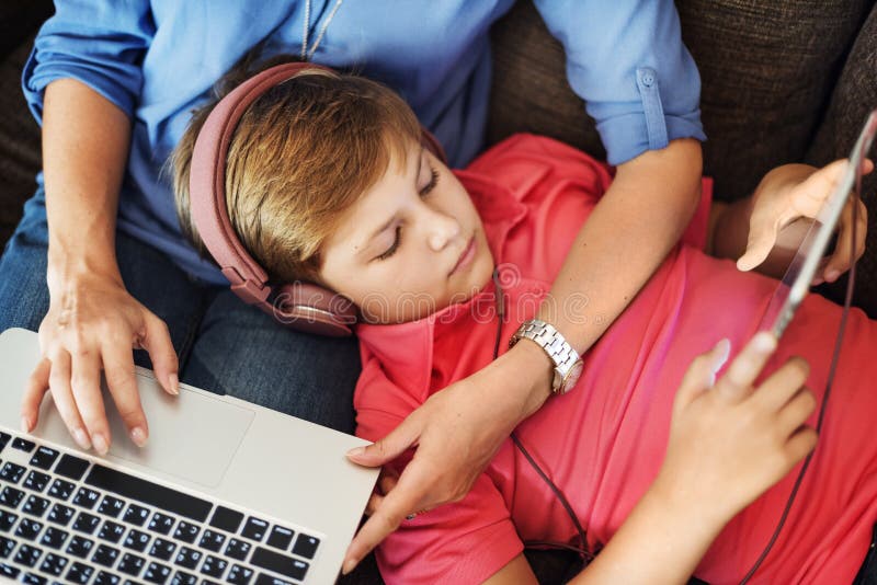 Mom Son Holidays Using Electronics Multimedia Concept Stock Photo ...