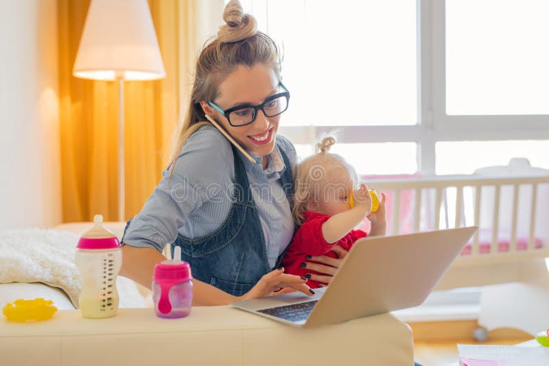 Mom with Toddler Working on Computer Stock Image - Image of home, happy ...