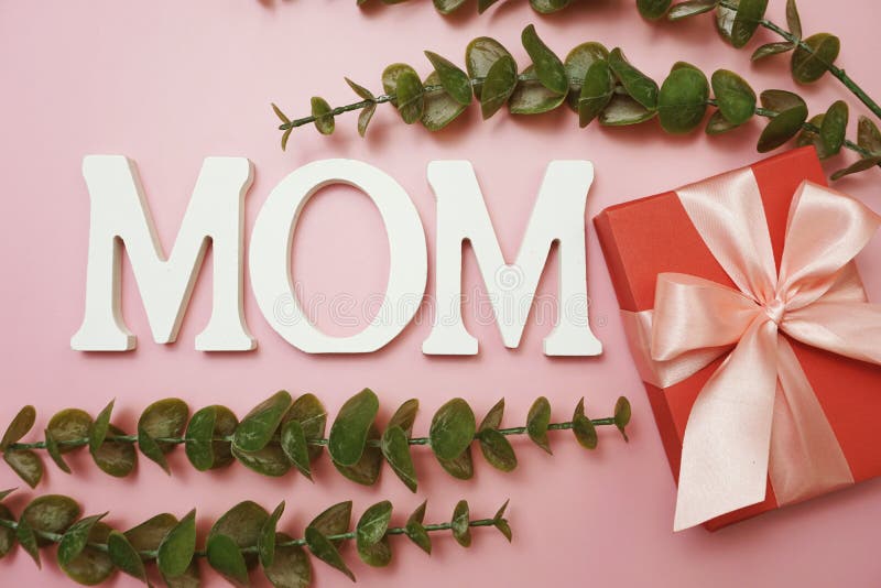 MOM Word and Gift Box Present on Pink Background Stock Photo - Image of ...
