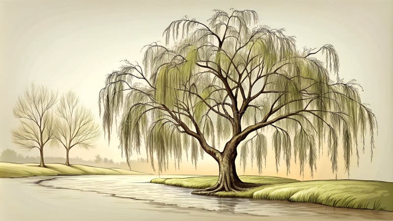 A Moment of Tranquility: Line Drawing of a Willow Tree by a Stream ...