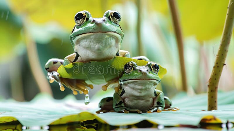 Mommy Frog and Baby Sit Under Lotus Leaf . Generative Ai Stock ...