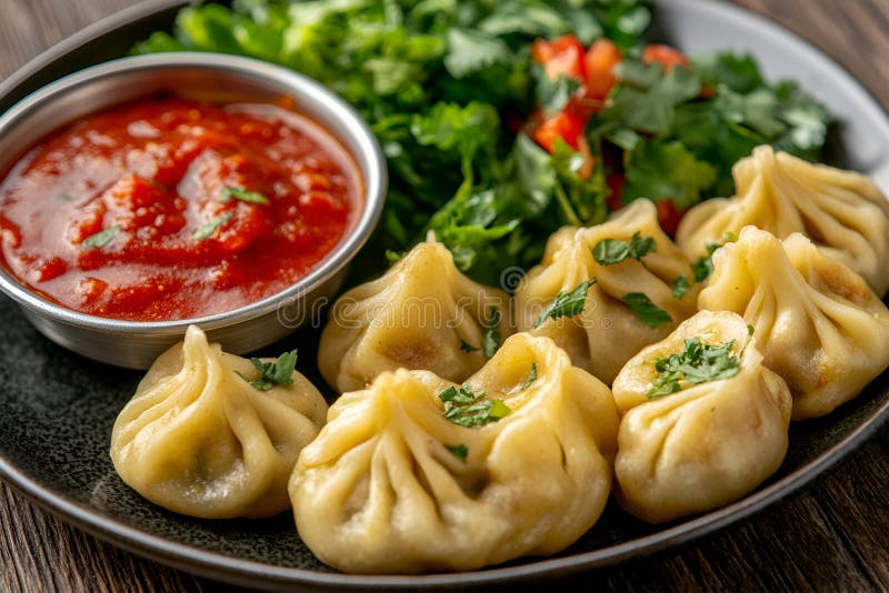 Momo Soy Dumplings with Red Hot Pepper Stock Illustration ...