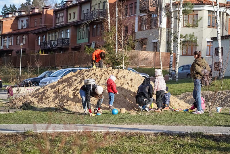 Moms with Children Play with a Mountain of Sand Editorial Stock Photo ...