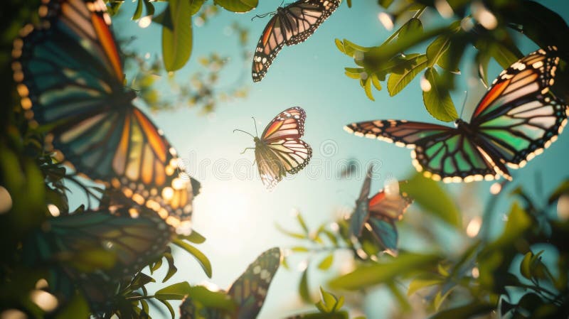 Monarch Butterflies Dancing in Sunlit Garden. Stock Image - Image of ...