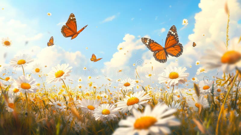 Monarch Butterflies Flying Over a Field of Daisies Stock Illustration - Illustration of flower ...