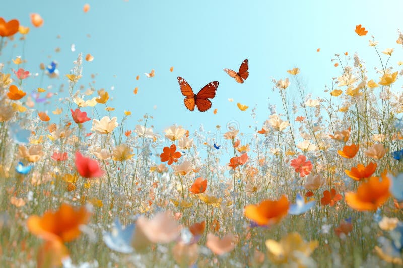 Monarch Butterflies Flying Over Field of Wildflowers Stock Image - Image of wildflower, yellow ...