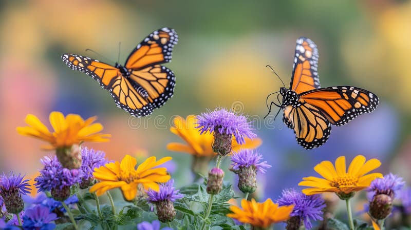 Monarch Butterflies Flying Over Garden Flowers Stock Image - Image of ...
