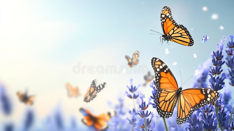 Monarch Butterflies Flying Over Lavender Field, Sunrise Stock Image ...