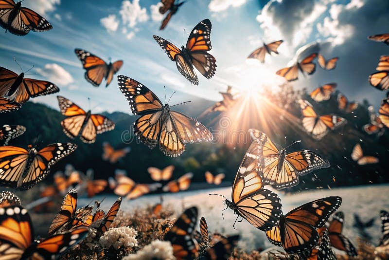 Monarch Butterflies Flying Over Mountain River at Sunrise Stock ...