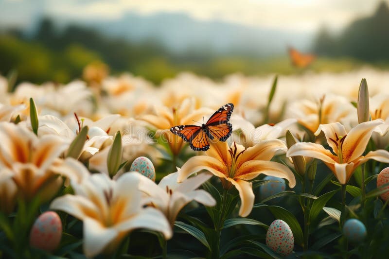 Monarch Butterfly on Blooming Lilies with Hidden Easter Eggs at Sunrise ...