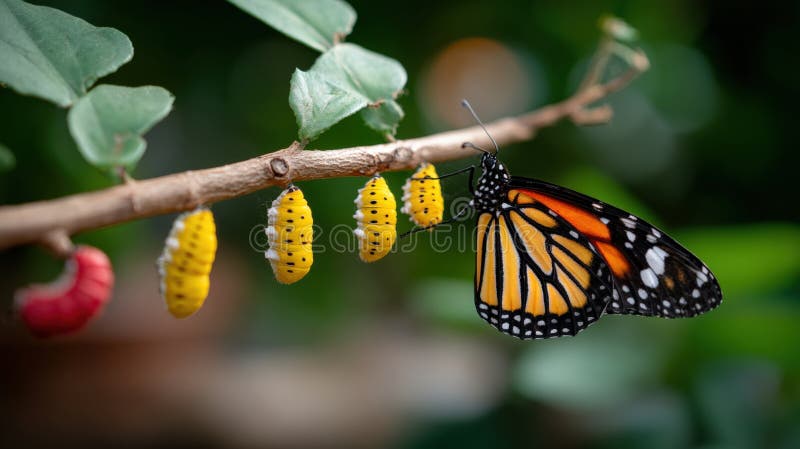 Monarch Butterfly on a Branch with Multiple Chrysalises, Illustrating ...