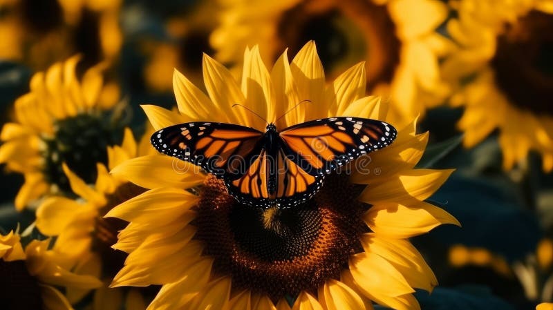 Monarch Butterfly on Bright Yellow Sunflowers. Generative AI Stock ...