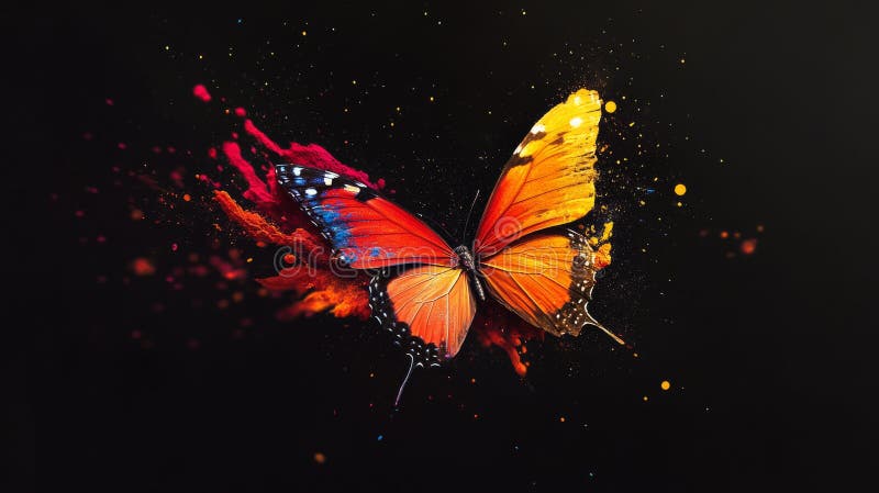Monarch Butterfly Exploding in Vibrant Paint Splash Stock Illustration ...