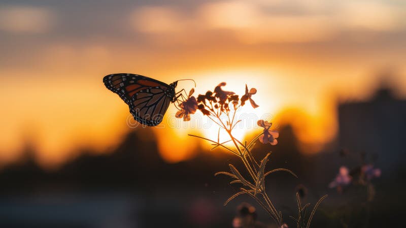 Monarch Butterfly in Flight Against Orange Sky at Dawn or Dusk Stock ...