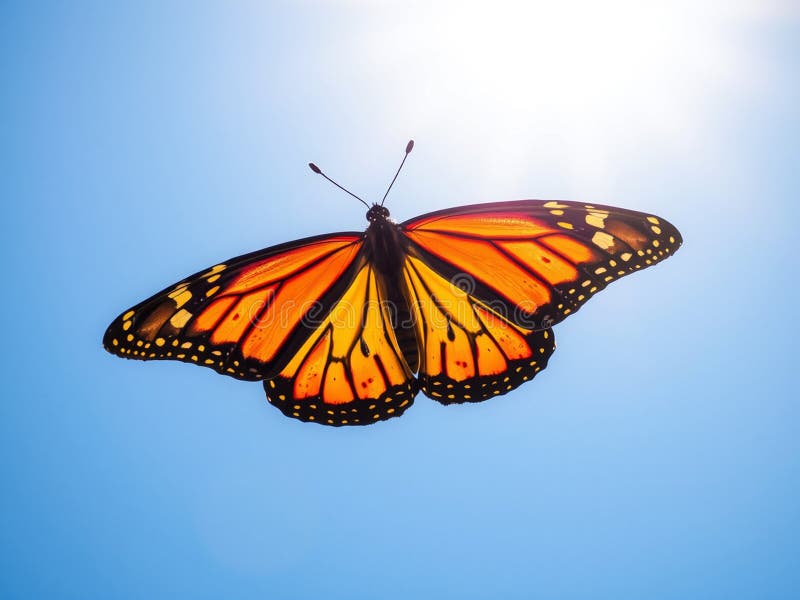 Monarch Butterfly Flying Mid-air with Wings Spread and Sunlight Behind ...
