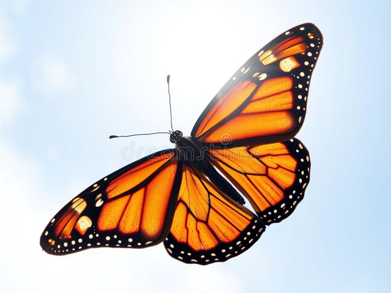 Monarch Butterfly Flying Mid-air with Wings Spread and Sunlight Behind ...