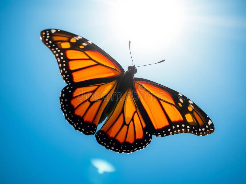Monarch Butterfly Flying Mid-air with Wings Spread and Sunlight Behind ...