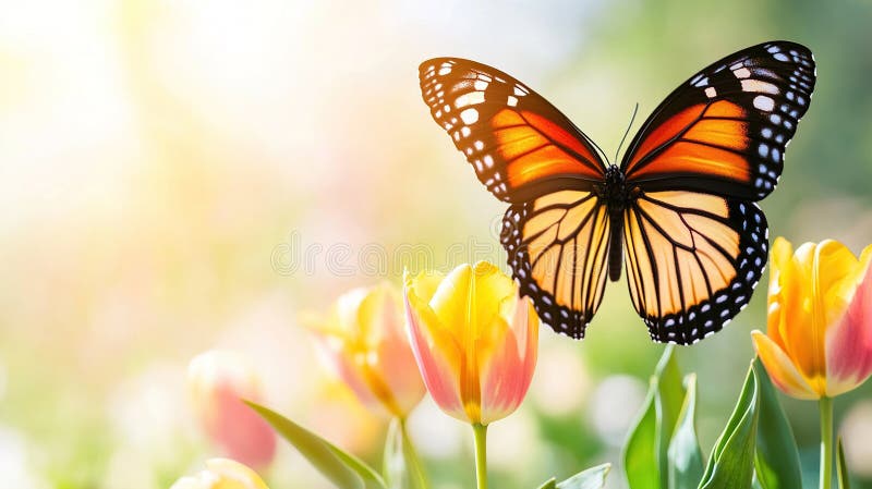Monarch Butterfly Hovering Over Tulips in Sunlit Garden Stock Photo ...