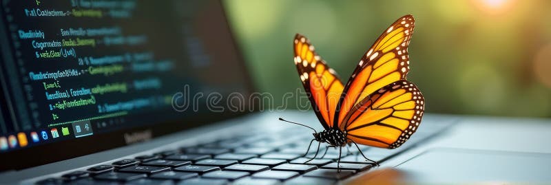 Monarch Butterfly on Laptop Keyboard with Computer Code Displayed Stock ...