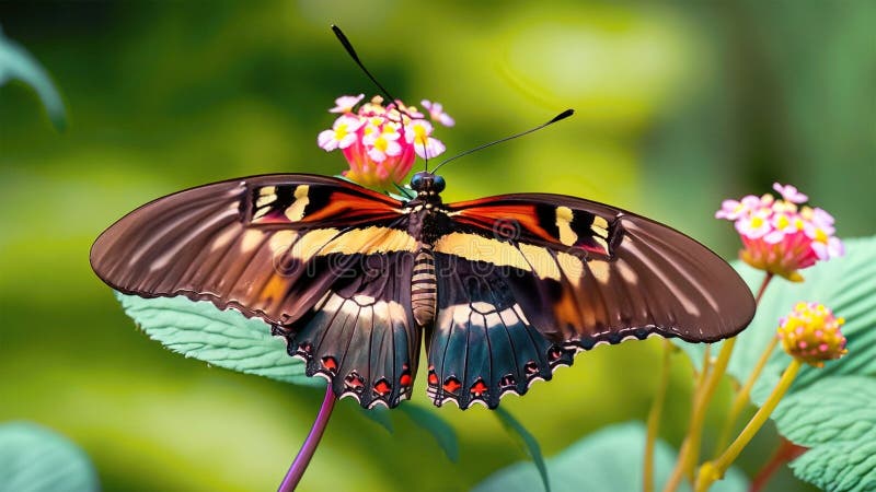 Monarch Butterfly with Open Wings on Lantana Camara with Blue ...
